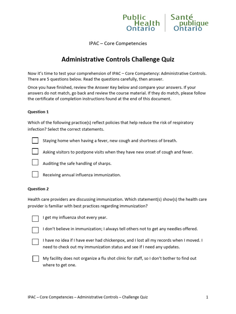 IPAC Admin Controls Quiz | PDF | Influenza | Clinical Medicine