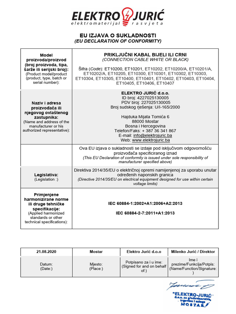 Izjava o Sukladnosti Priključni Kabal | PDF