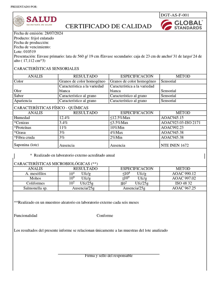 Certificado de Calidad Frijol Enlatado | PDF