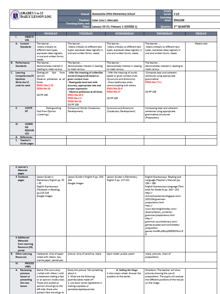 DLL - English 5 - Q3 - W1 Grade 5 | PDF | English Language | Learning