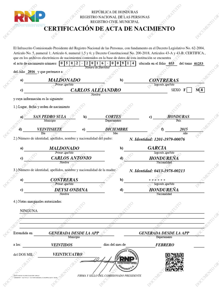 Certificación de Acta de Nacimiento: Maldonado Carlos Alejandro Contreras | PDF | Gobierno