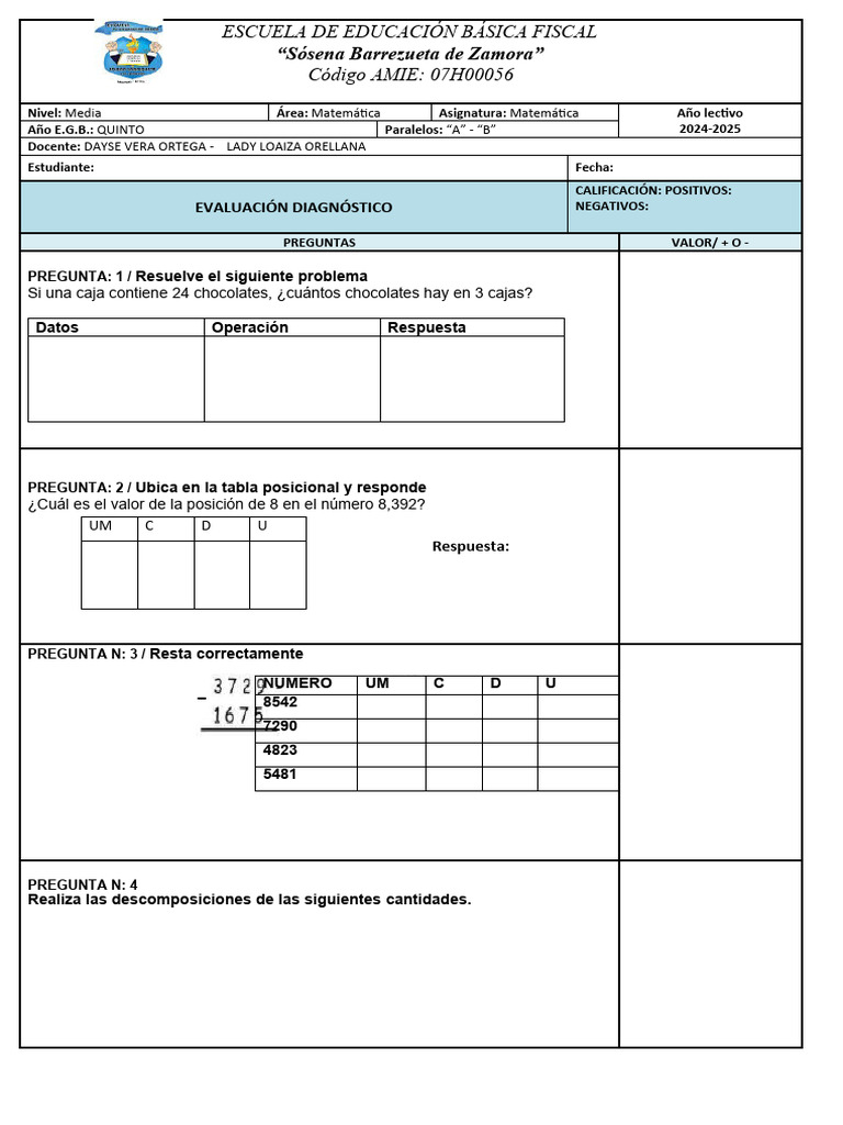 Quinto Grado - Evaluacion Diagnostica 2024 2025 | PDF | Alimentos | Ecuador