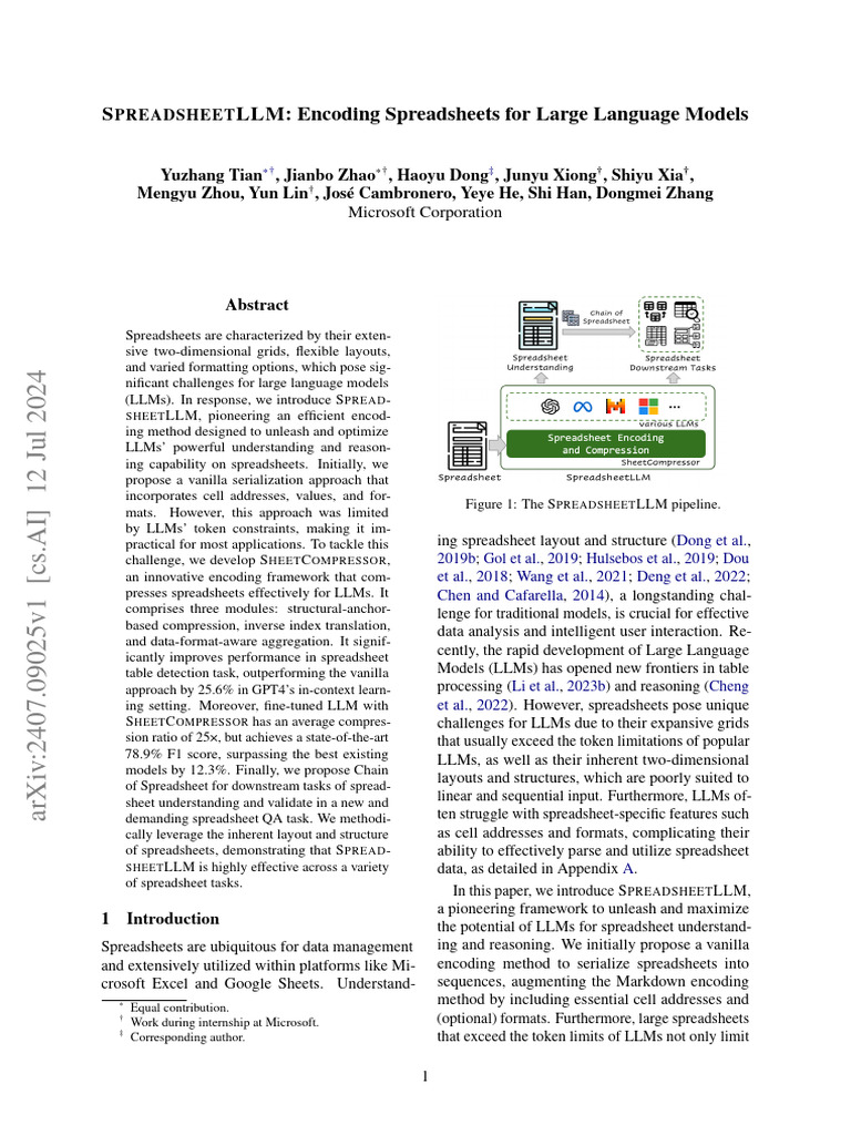 SPREADSHEETLLM Encoding Spreadsheets 1722288546 | PDF | Spreadsheet | Data Compression