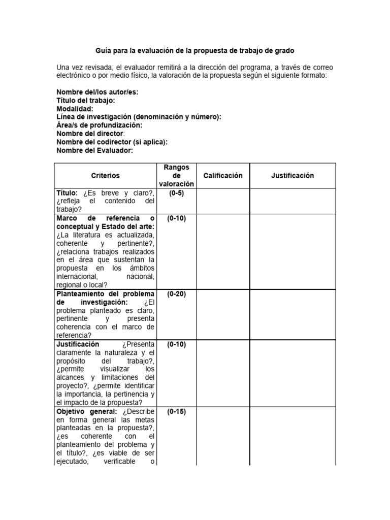 gu-a-para-la-evaluaci-n-de-la-propuesta-de-trabajo-de-grado (2) | PDF | Evaluación | Metodología