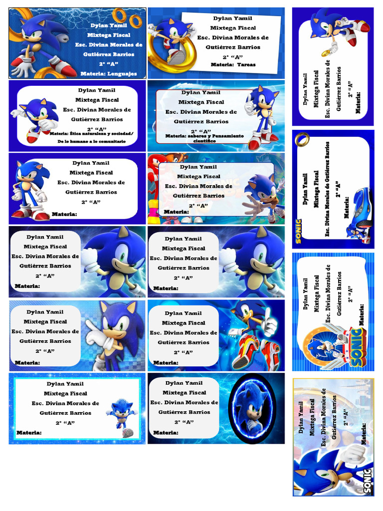 Etiquetas escolares de Sonic para imprimir | PDF
