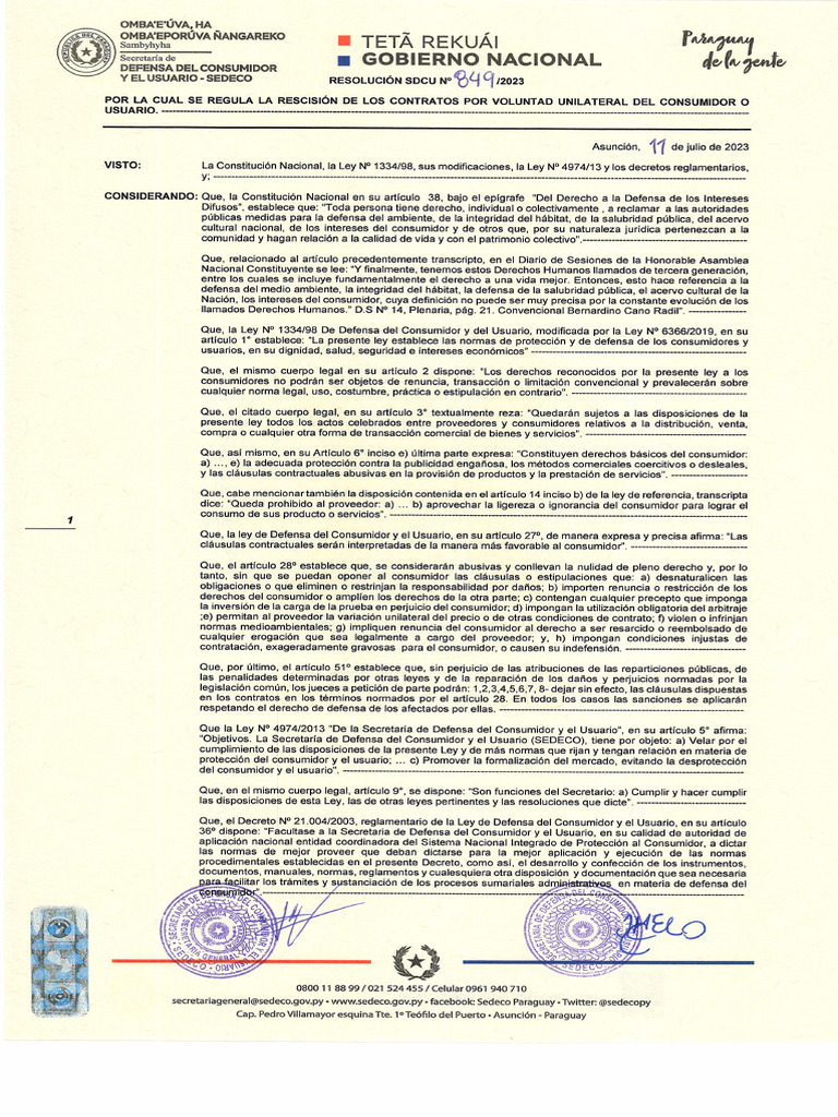 Resol 849-23 - Regula Rescision - Contratos Por Voluntad Unilateral | PDF