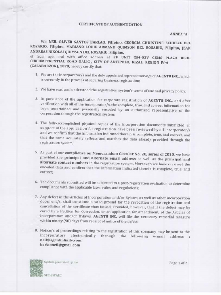 Certificate of Authentication - Signed and Notarized | PDF