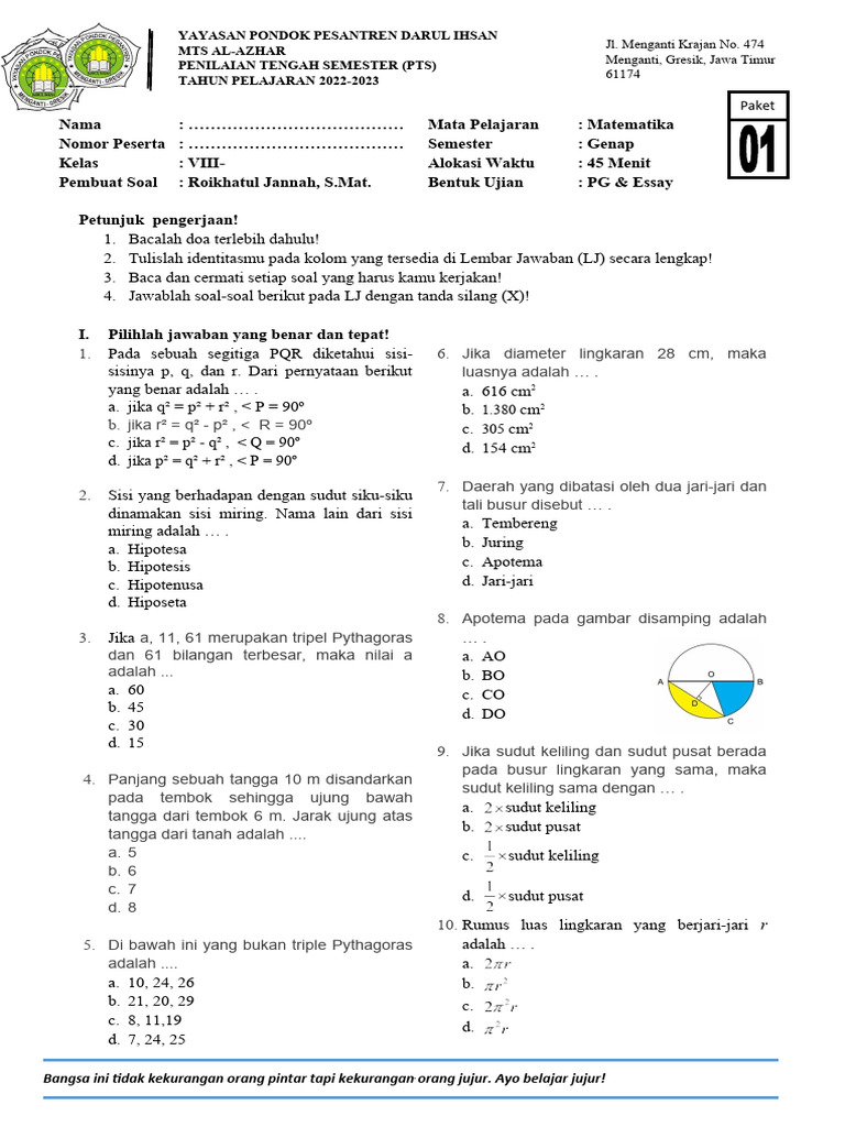 Soal PTS Matematika Kelas VIII | PDF