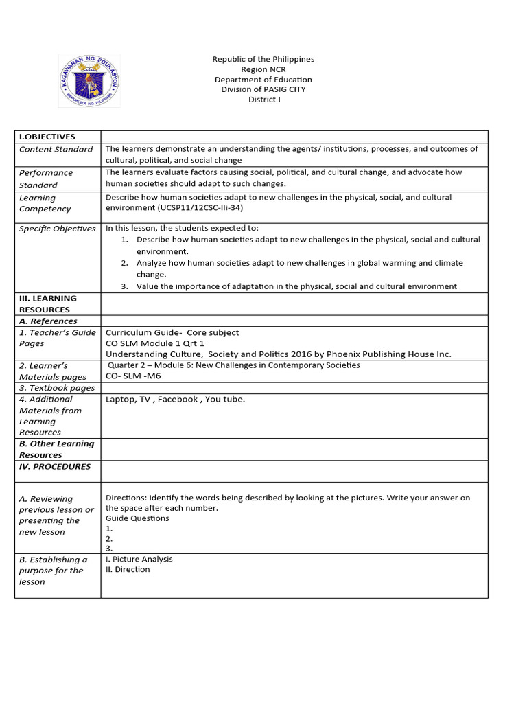 Cot 1 DLP QRT Module 6 Ucsp New Challenges in The Contempoery Society 1 | PDF | Learning ...