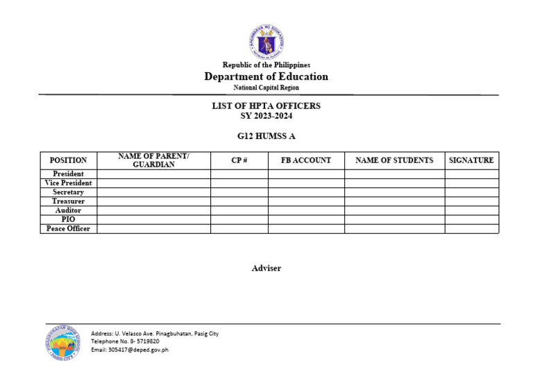 HPTA Officers List SY 2023-2024 | PDF