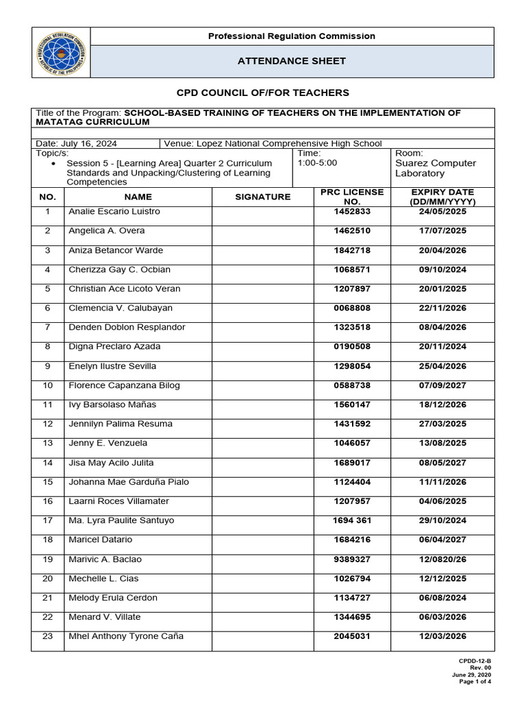 TLE Attendance Sheet. CPDD 12 B | PDF