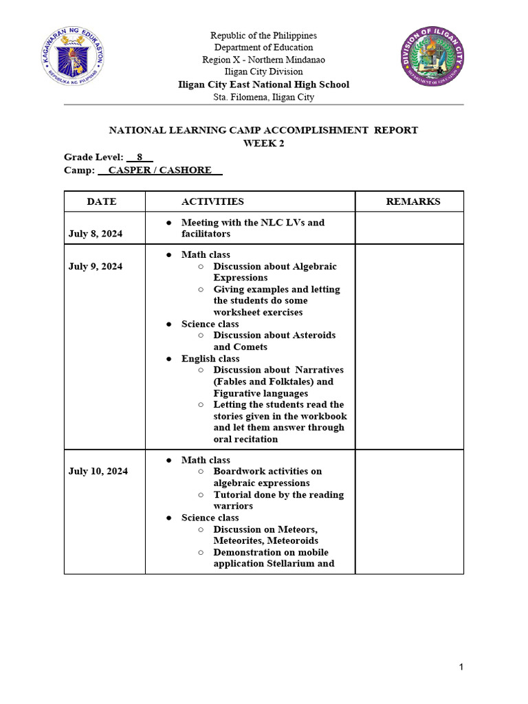 NLC 2024 - Accomplishment Report GRADE 8 | PDF | Meteoroid | Planetary ...
