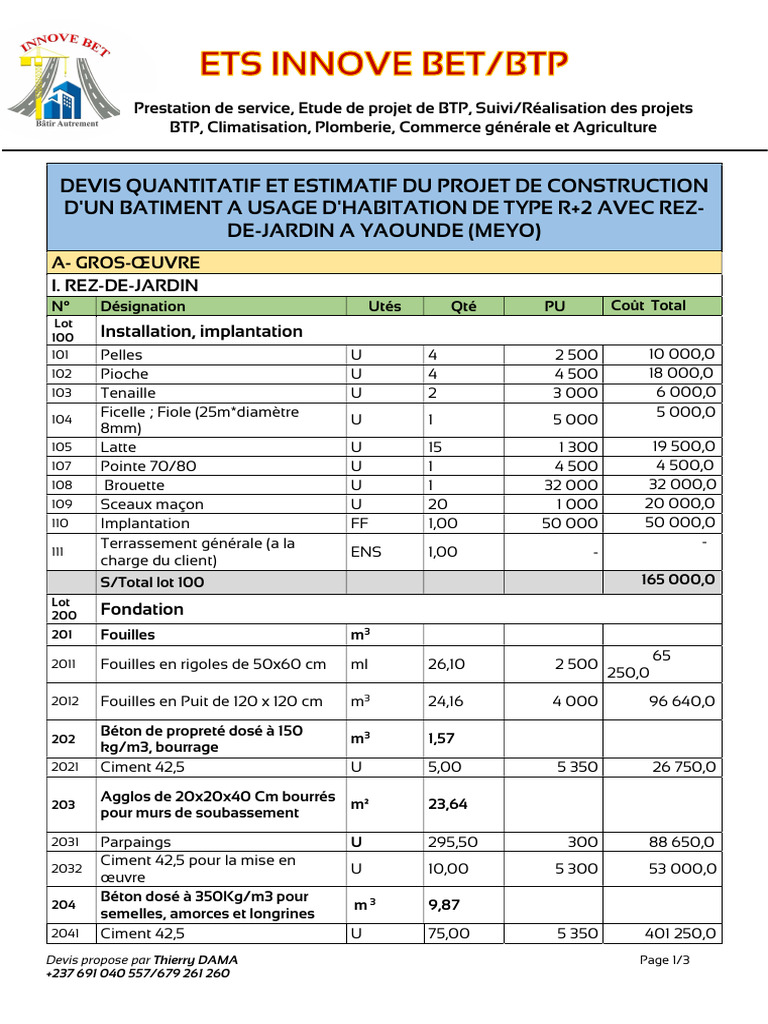 Devis Construction Bâtiment R+2 Yaoundé | PDF | Matériaux | Conception ...