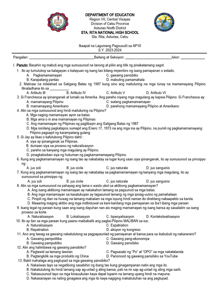 Ap10 - Q4 Summative Test | PDF