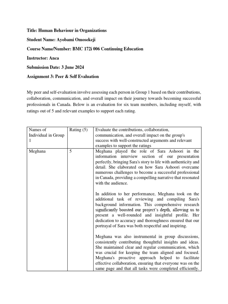 Assignment 3 On Peer and Self Evaluation | PDF | Creativity | Communication