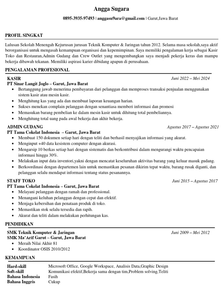 CV Angga | PDF | Karier & Perkembangan | Komputer