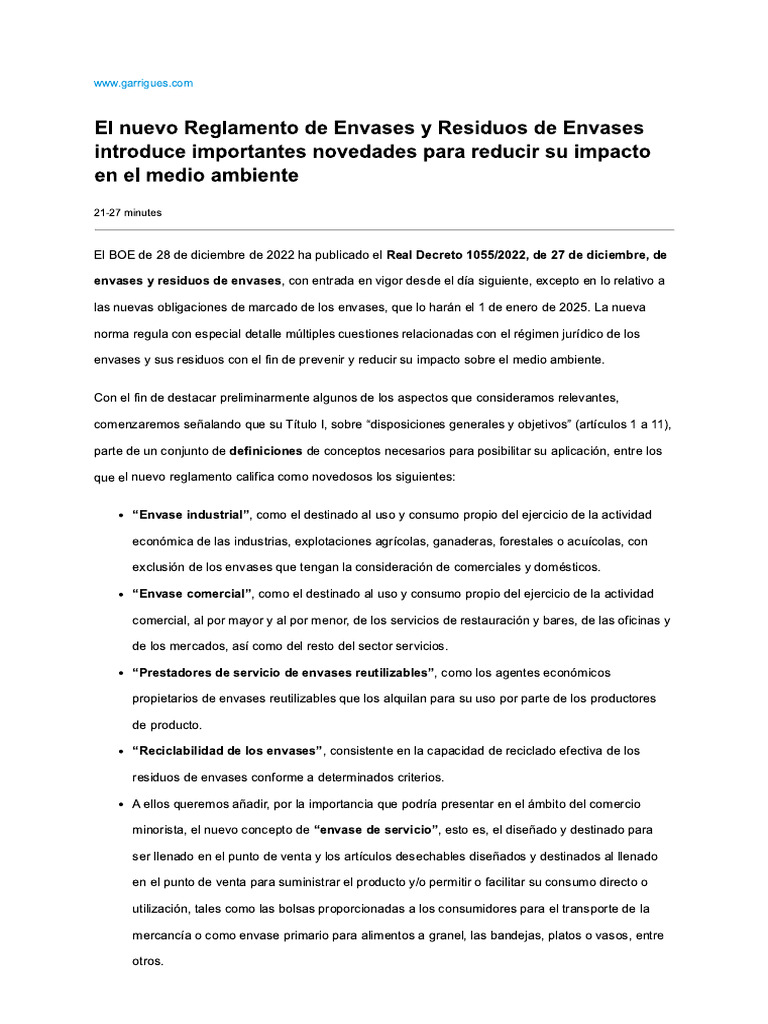 RESUMEN de RD 1055 - 2022, de Garrigues | PDF