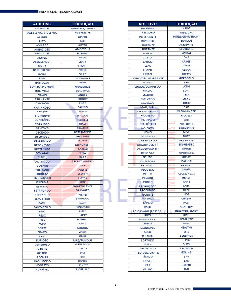 Adjectives List - Lista de Adjetivos | PDF
