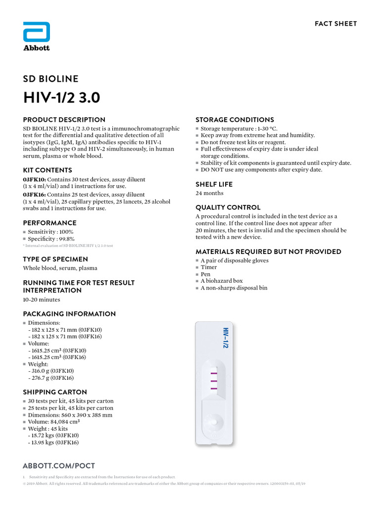 v03 SD Bioline Hiv 1-2 3.0 Fact Sheet 03 | PDF | Hiv | Blood Plasma
