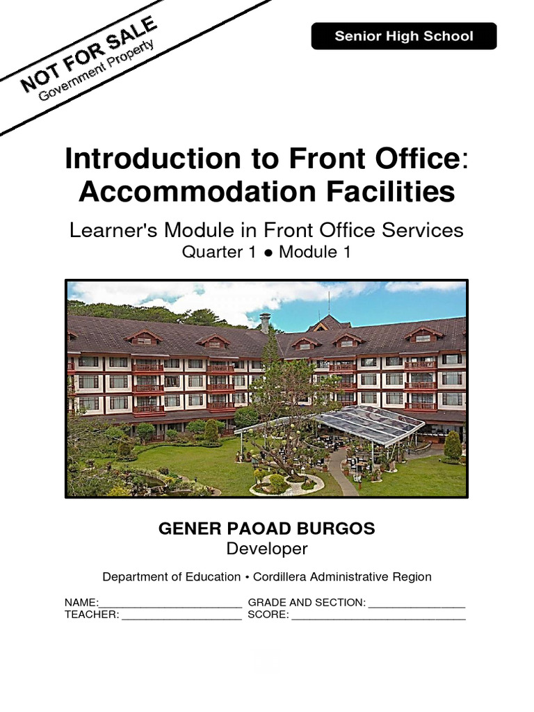 Tvl11 12 Q1mod1 Introduction To Front Office Gener Burgos Bgo v1 | PDF | Hotel | Resort