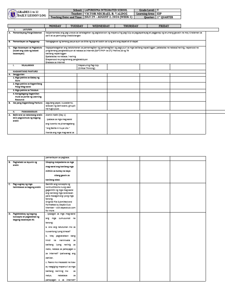 DLL - Esp 5 - Q1 - W1 | PDF