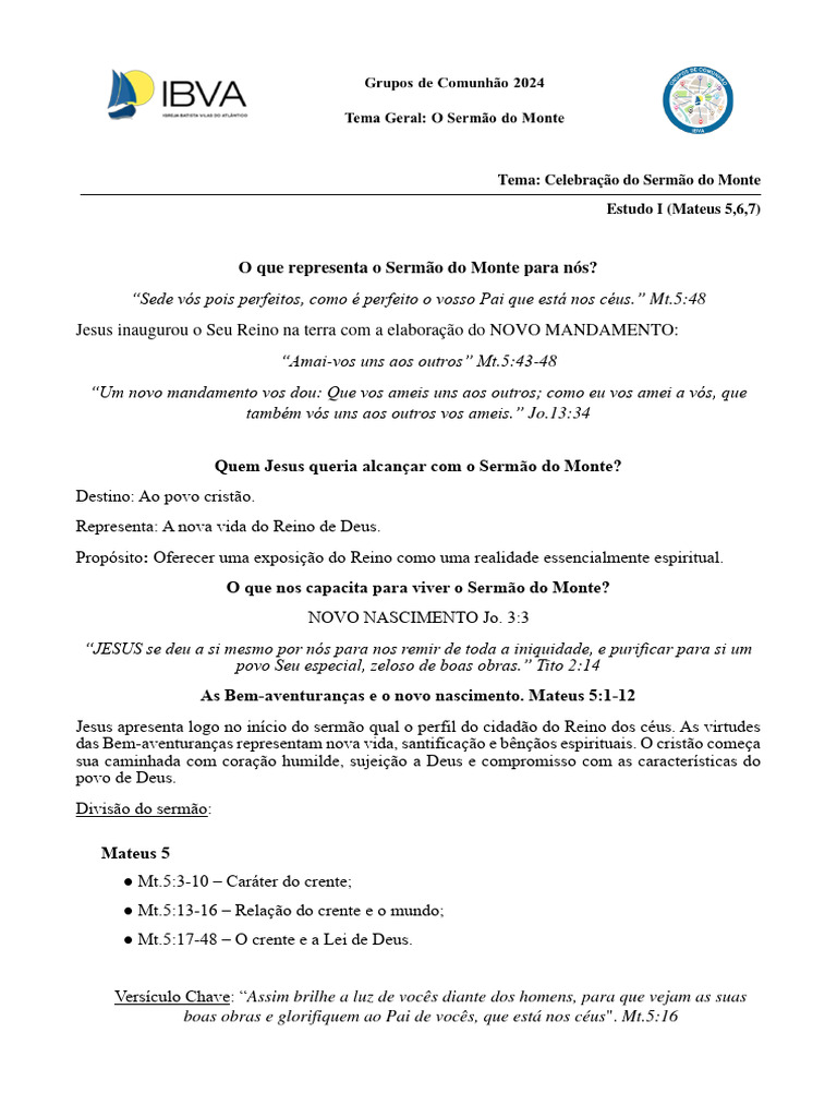 Estudo 1 Celebração Do Sermão Do Monte Pdf Sermão No Monte O