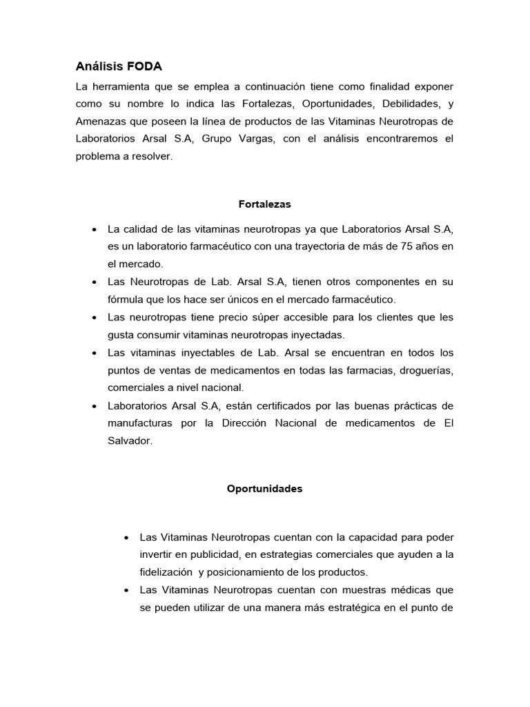 Análisis FODA Vitaminas Neurotropas Arsal | PDF | Análisis FODA ...