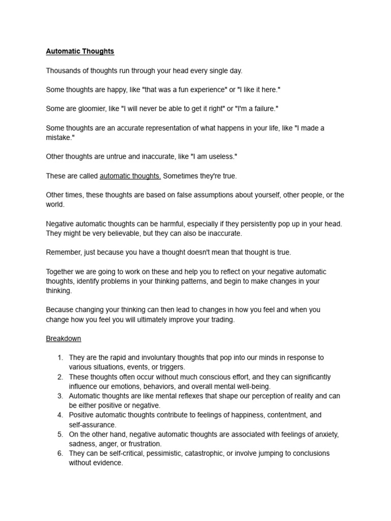 Automatic Thoughts Pdf Thought Feeling