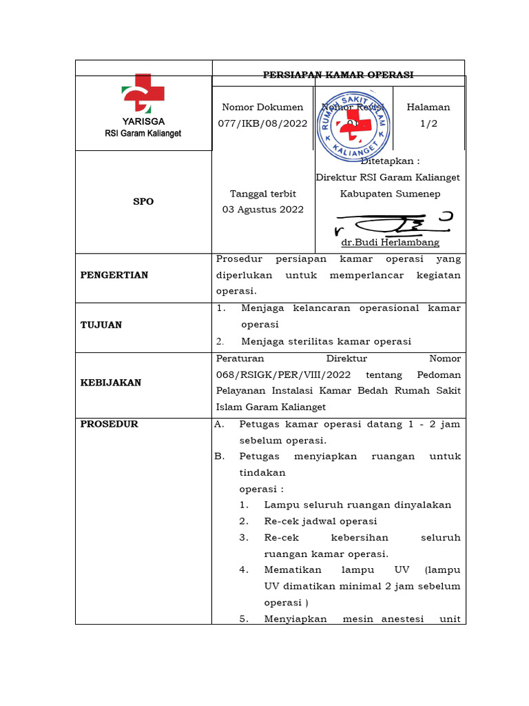 Prosedur Persiapan Kamar Operasi | PDF