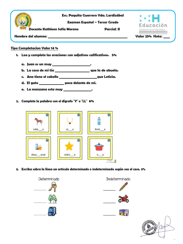 Examen de Español para Tercer Grado | PDF | Artes del Lenguaje y ...