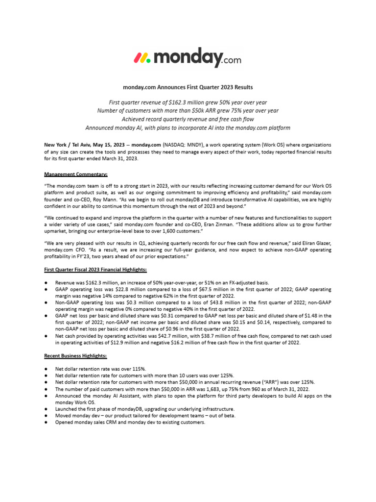 Q1 23 PR Monday Com May2022 | PDF | Equity (Finance) | Expense