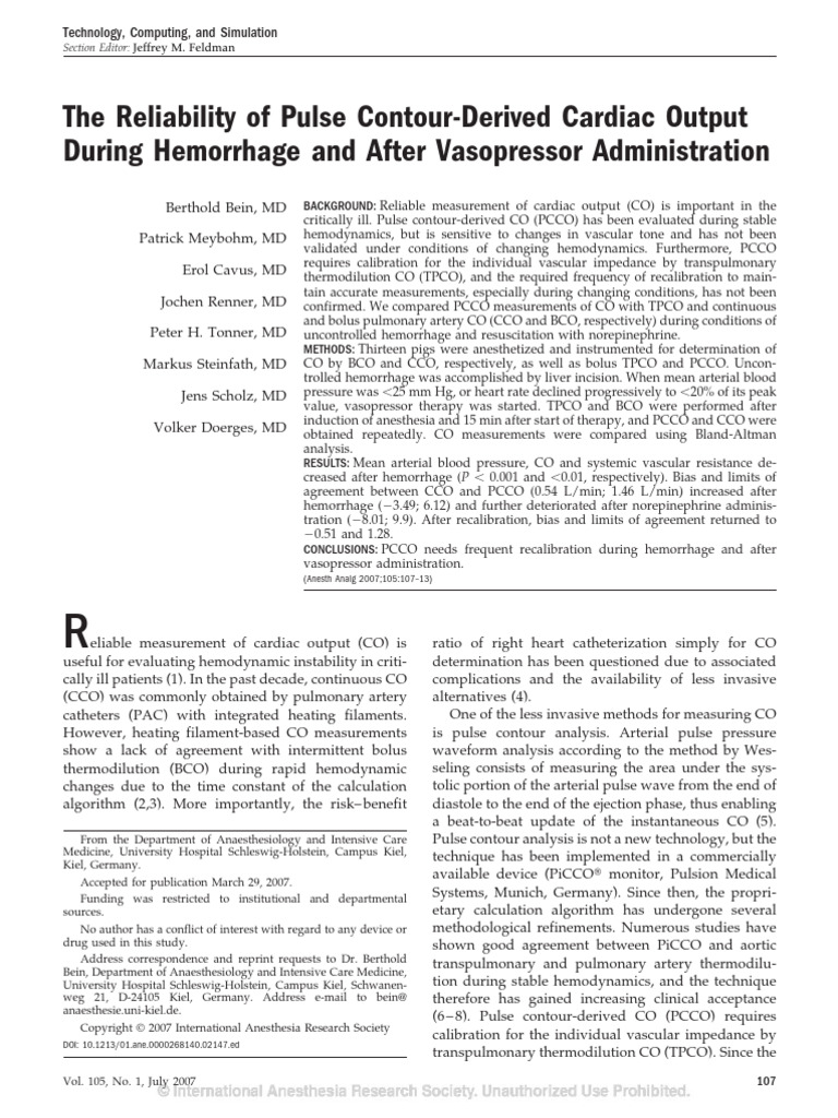 The Reliability of Pulse Contour-Derived Cardiac Output During ...