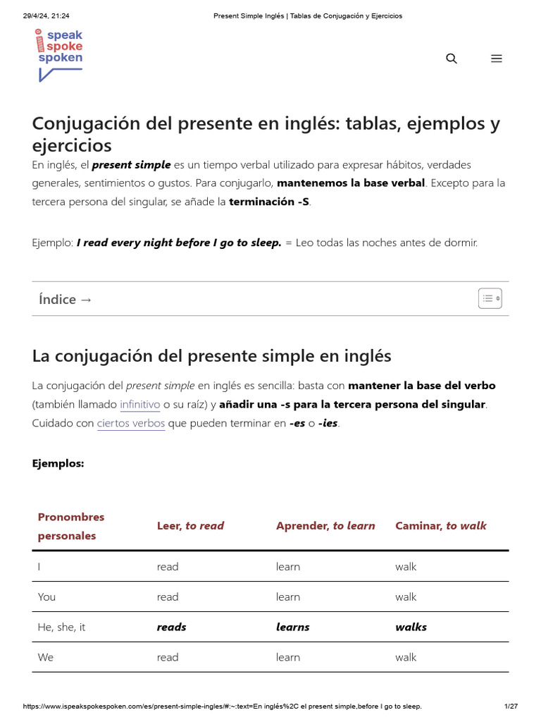 Present Simple Inglés - Tablas de Conjugación y Ejercicios | PDF ...