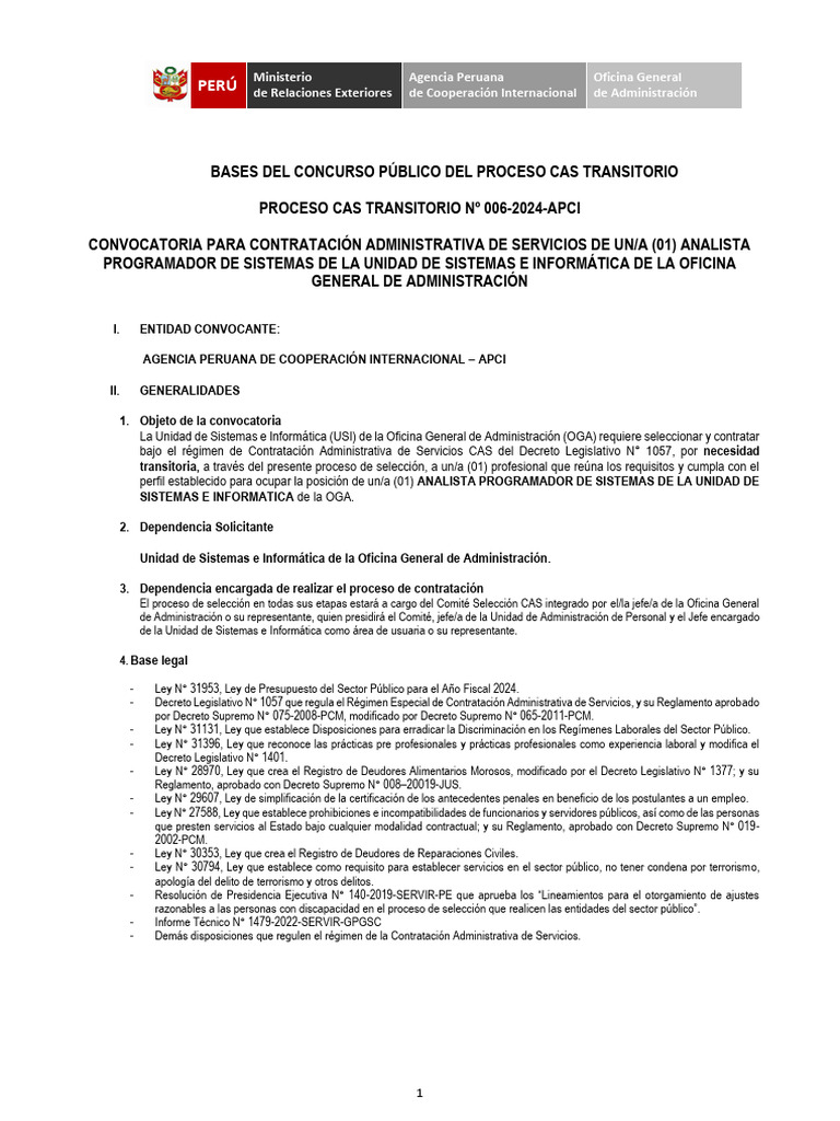 Bases Proceso Cas Transitorio N 006 2024 Apci Analista Programador de Sistemas de La Usi | PDF ...