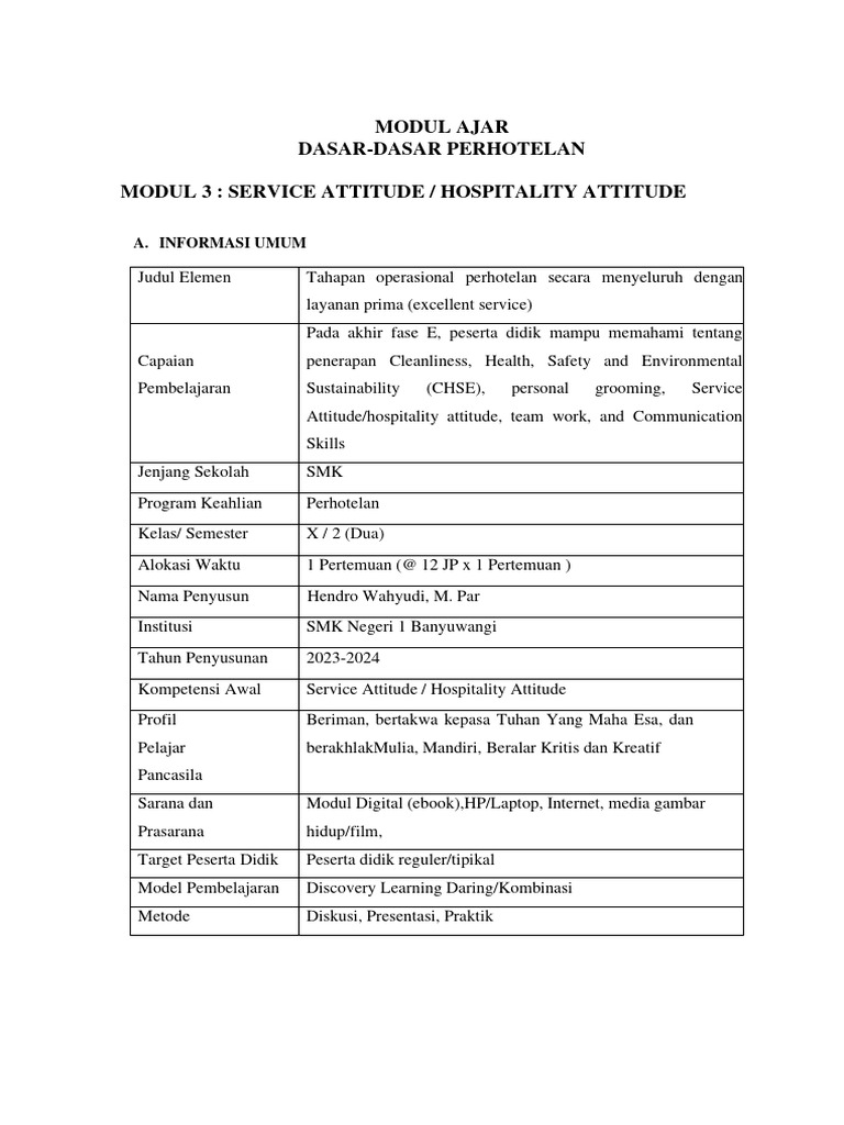 Modul Ajar 3 Elemen 5 - Dasar Dasar Perhotelan | PDF | Pengembangan Diri | Sains & Matematika