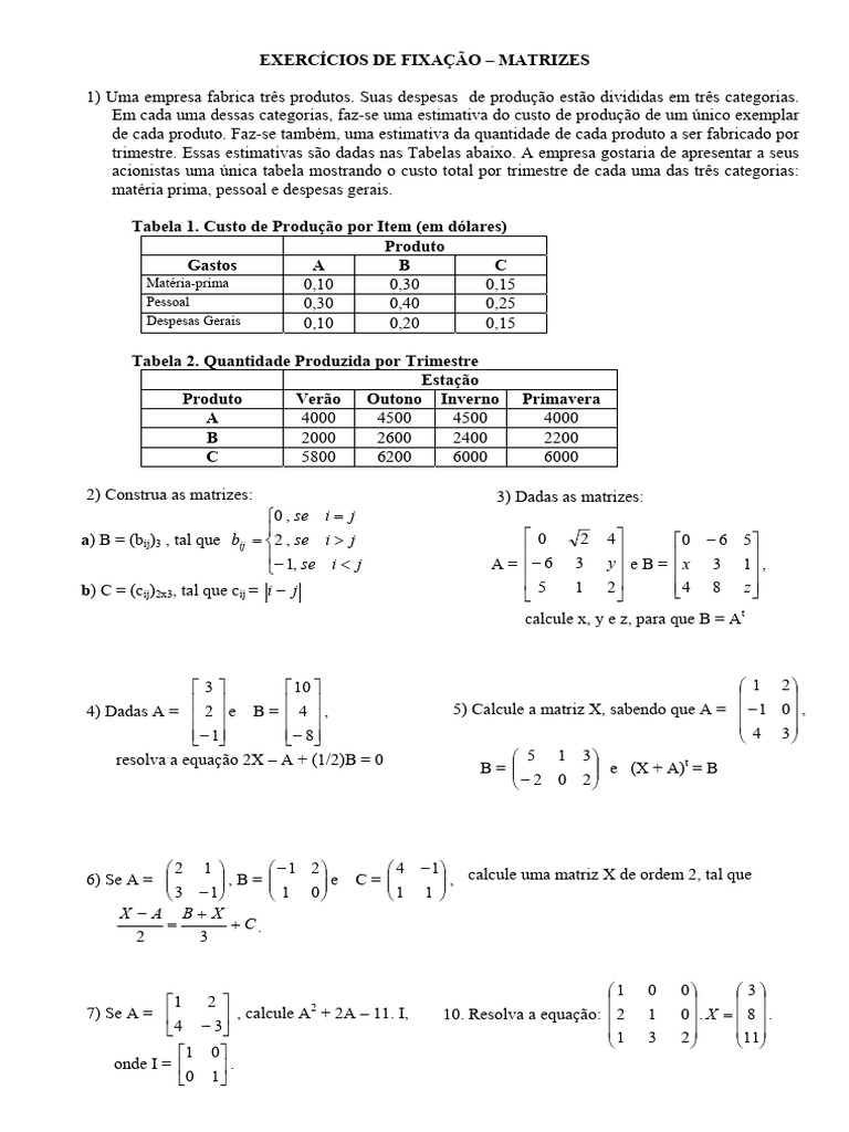 Lista de Exercícios - Matrizes | PDF | Métodos e Materiais de Ensino