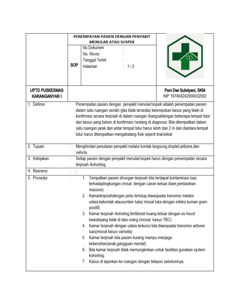 Penempatan Pasien Penyakit Menular SOP | PDF | Sains & Matematika