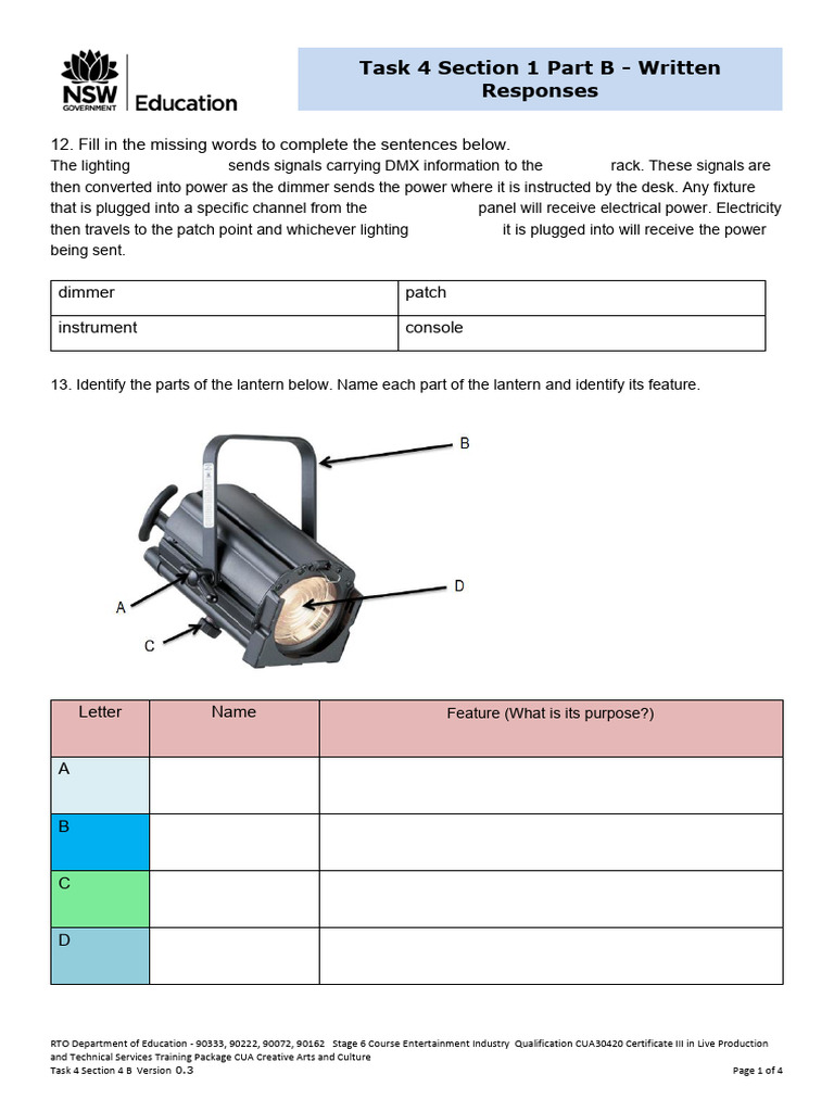 Task 4 Section 1 Part B - Written Responses | PDF | Lighting | Equipment