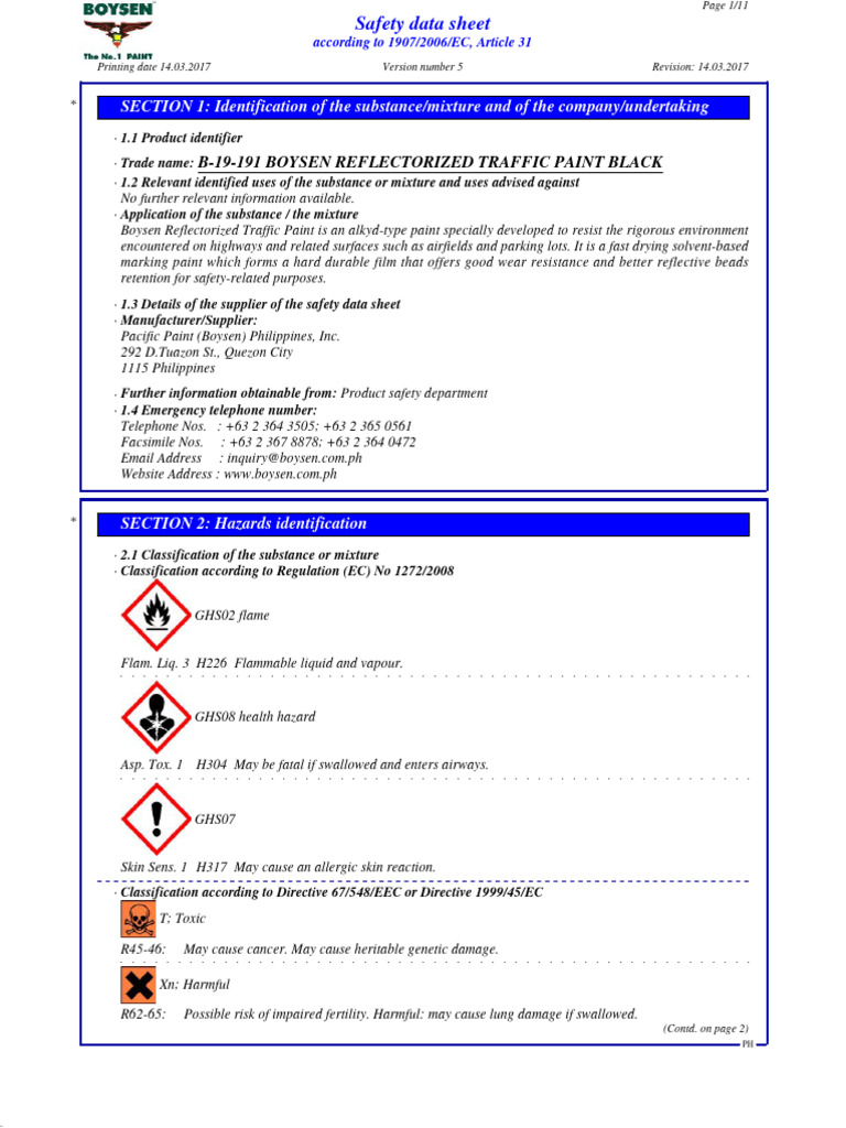 Boysen Reflectorized Traffic Paint SDS | PDF | Dangerous Goods | Toxicity