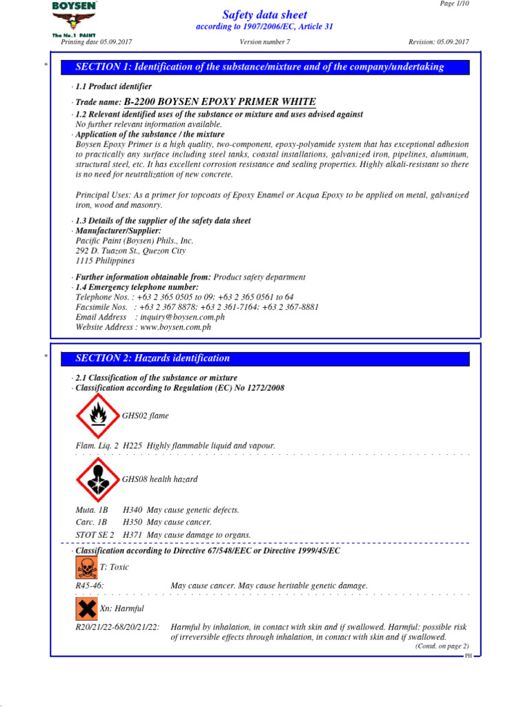 B-2200 Boysen Epoxy Primer White 0917 | PDF | Toxicity | Dangerous Goods