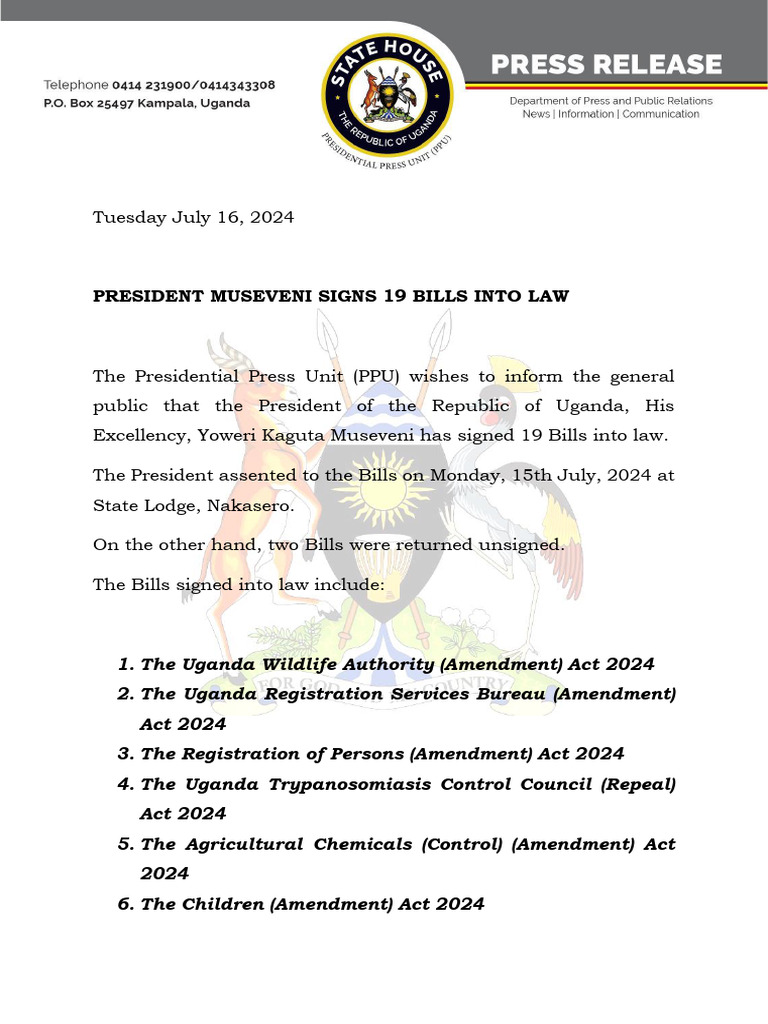 President Museveni Signs 19 Bills Into Law 1721122801 | PDF
