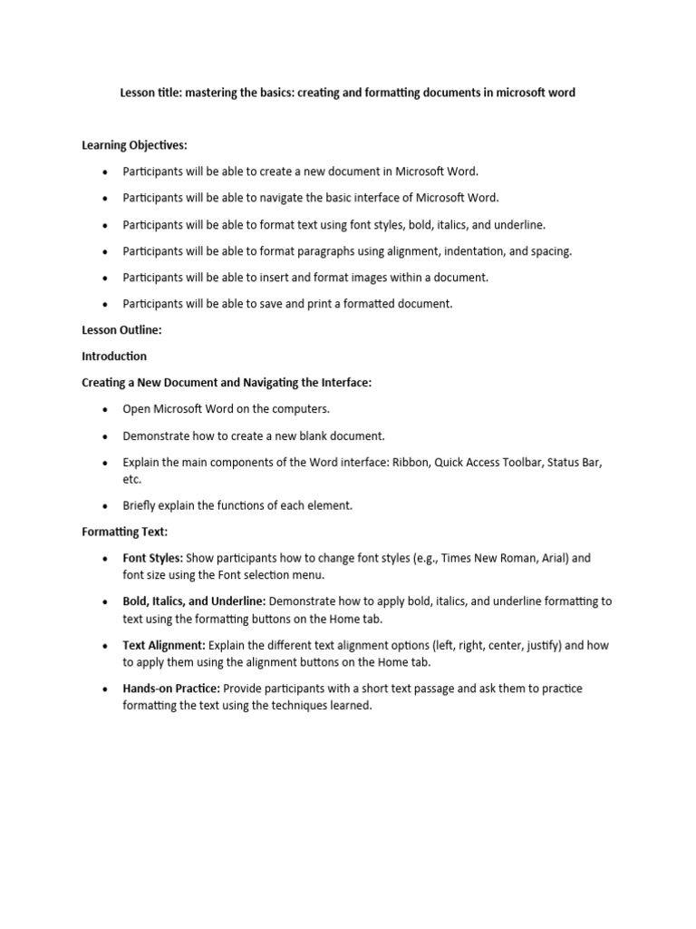 DAY 4 - Mastering The Basics - Creating and Formatting Documents in Microsoft Word | PDF ...