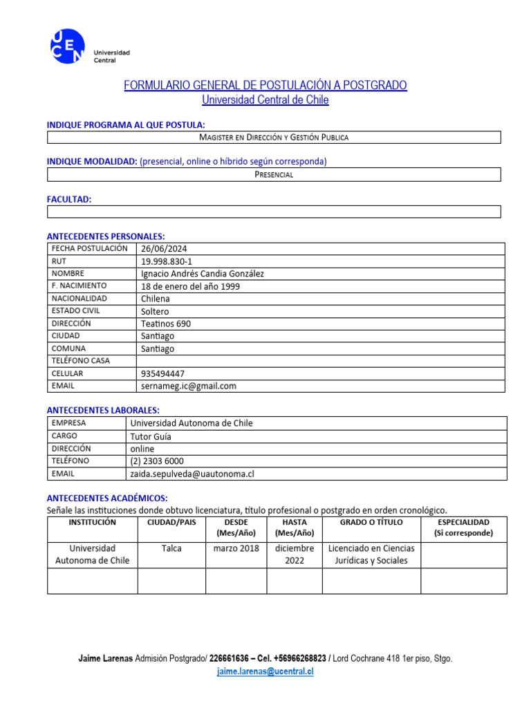 Formulario General de Postulacion - U. Central | PDF