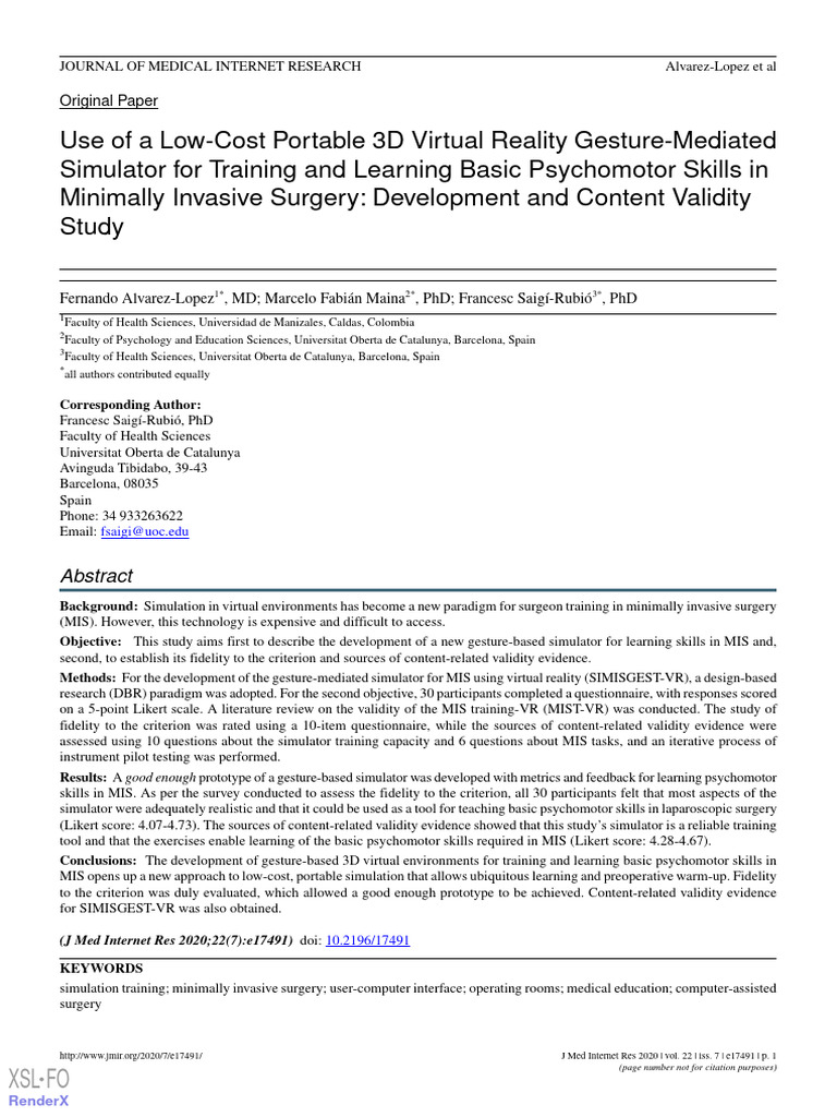 Use of A Low-Cost Portable 3D Virtual Reality Gesture-Mediated Simulator For Training and | PDF ...