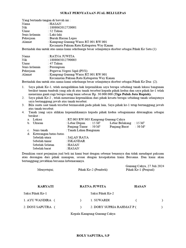 Surat Pernyataan Jual Beli Lepas | PDF