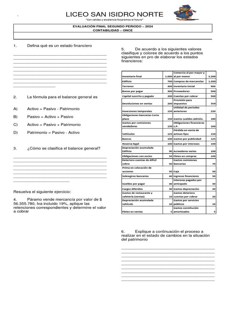 Evaluacion 2DO Periodo Contabilidad 11ce 24 | PDF | Hoja de balance ...