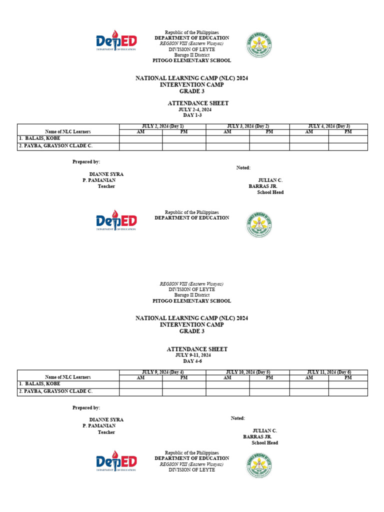 NLC Leraners Attendance Sheet | PDF | Government | Government Institutions