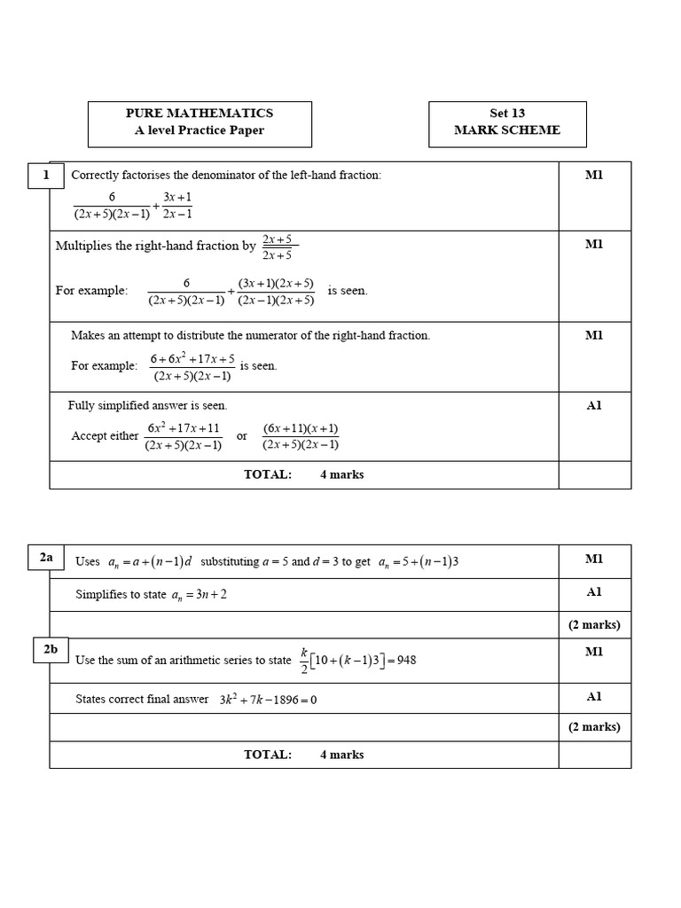 Practice Set 13 Mathematics A Level Paper 1+2 Pure Mathematics 1+2 Mark ...