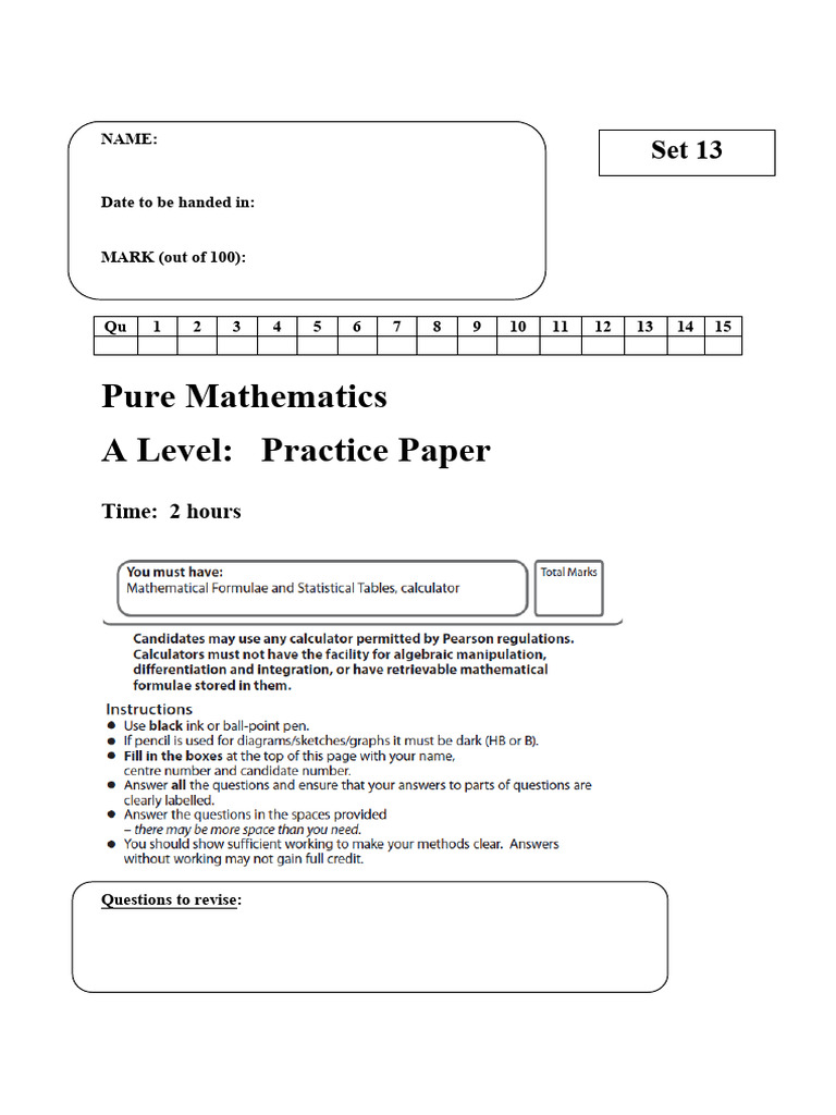 Practice Set 13 Mathematics A Level Paper 1+2 Pure Mathematics 1+2 Question Paper | PDF ...