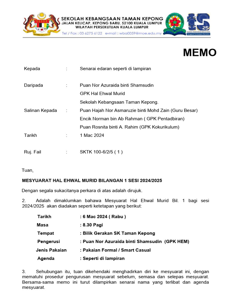 Memo, Senarai Guru, Agenda, Senarai Kehadiran Mesyuarat Hem Bil.1 | PDF